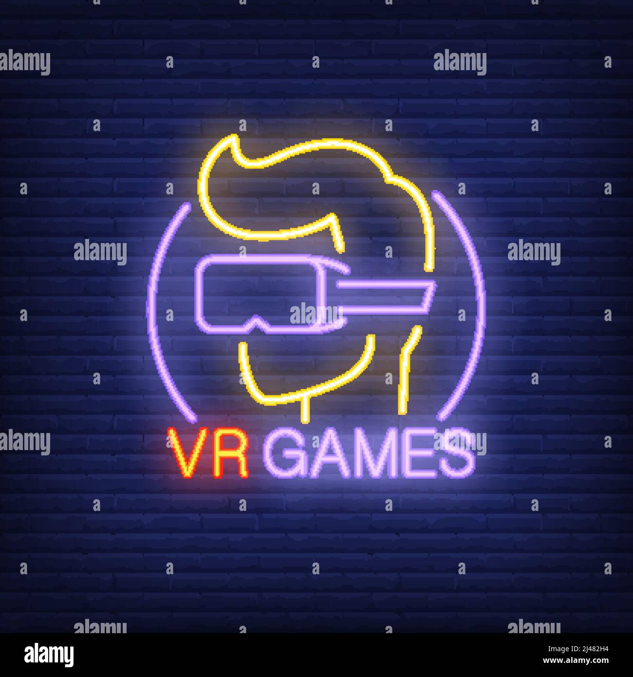 VR Games lettering and player in glasses neon sign on brick background ...