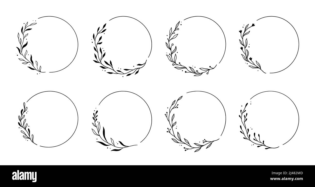 Wreath leaf circle border frame. Hand drawn doodle sketch style. Floral ... Wreath leaf circle border frame. Hand drawn doodle sketch style. Floral ...