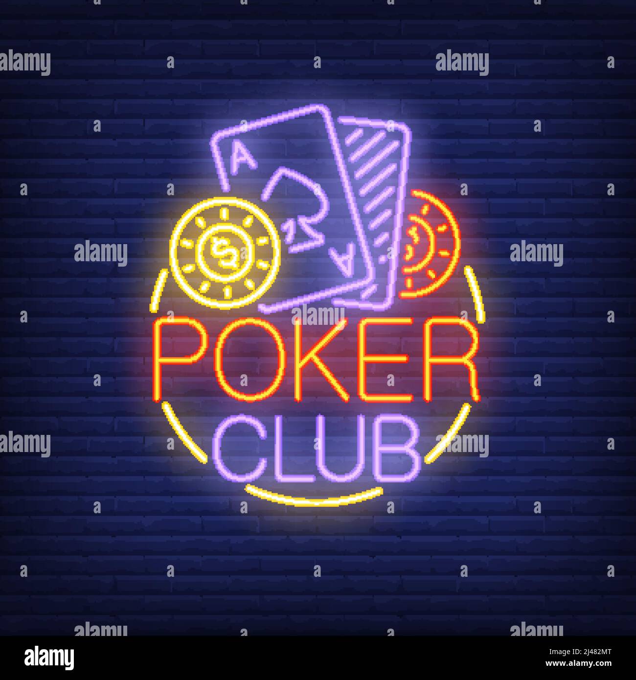 Poker club neon sign. Playing cards and coins in round frame on brick ...