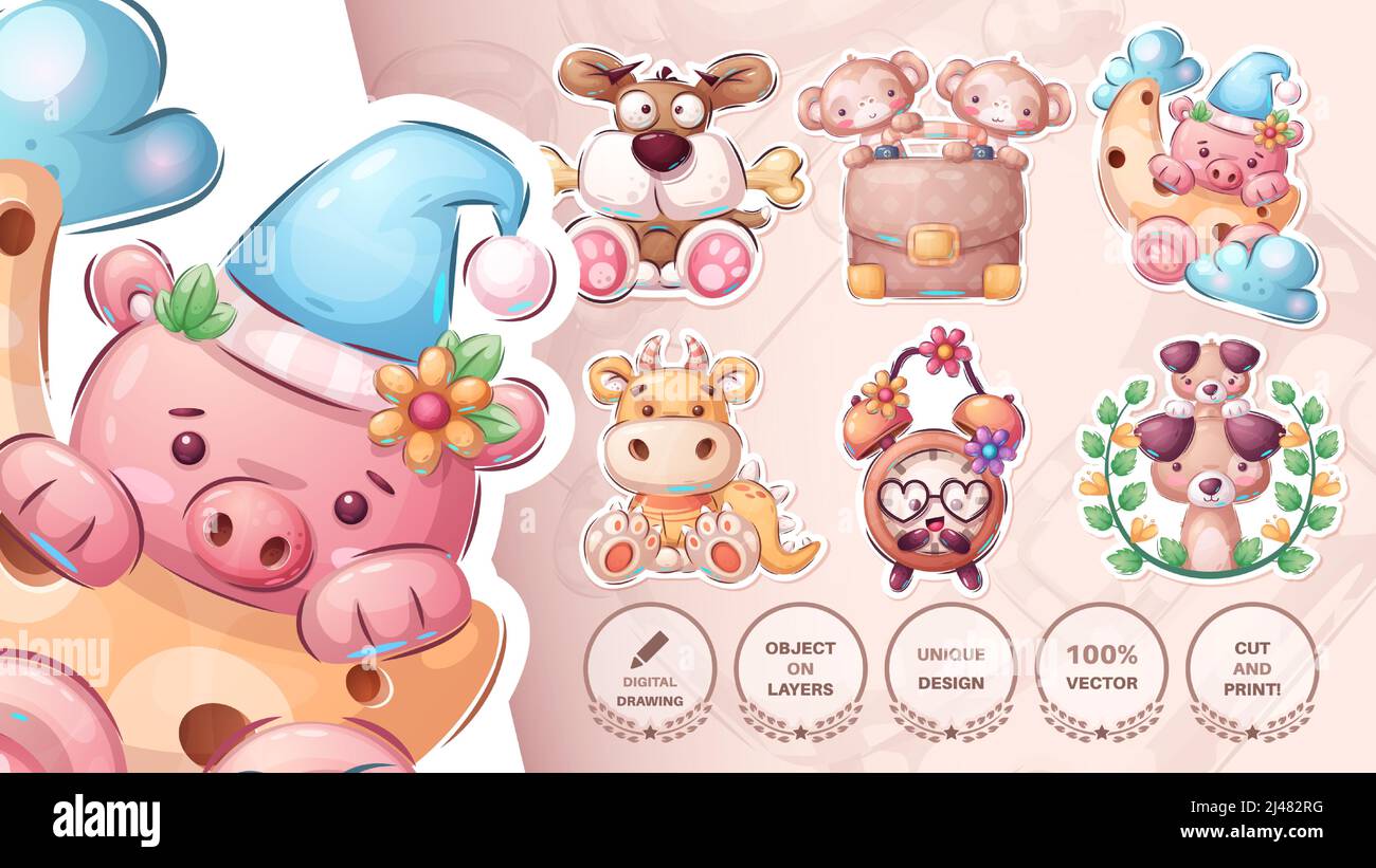 Set cartoon - dog, puppy, bone, monkey, diplomate, moon, pig, dino ...