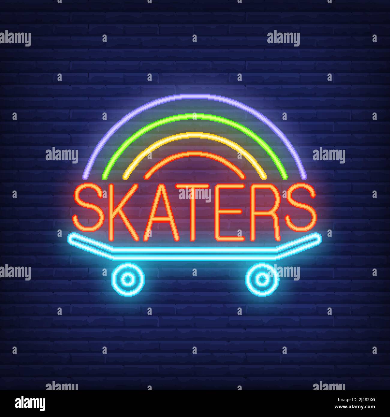 Skaters neon word on skateboard logo. Neon sign, night bright ...