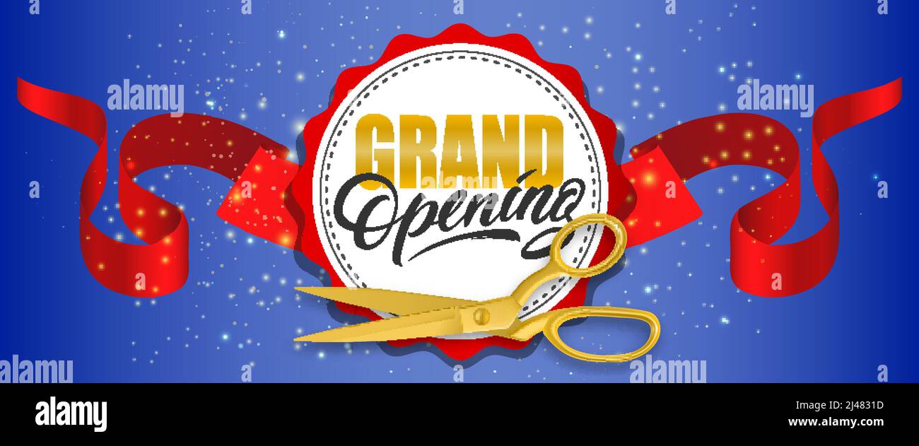 Grand opening blue sparkling banner design with gold scissors, red ...