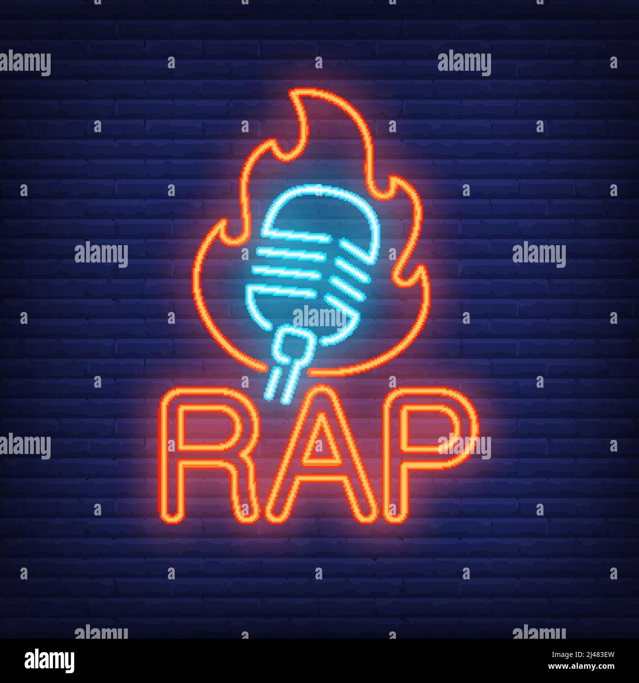 Rap neon word and microphone in flame outline. Neon sign, night bright ...