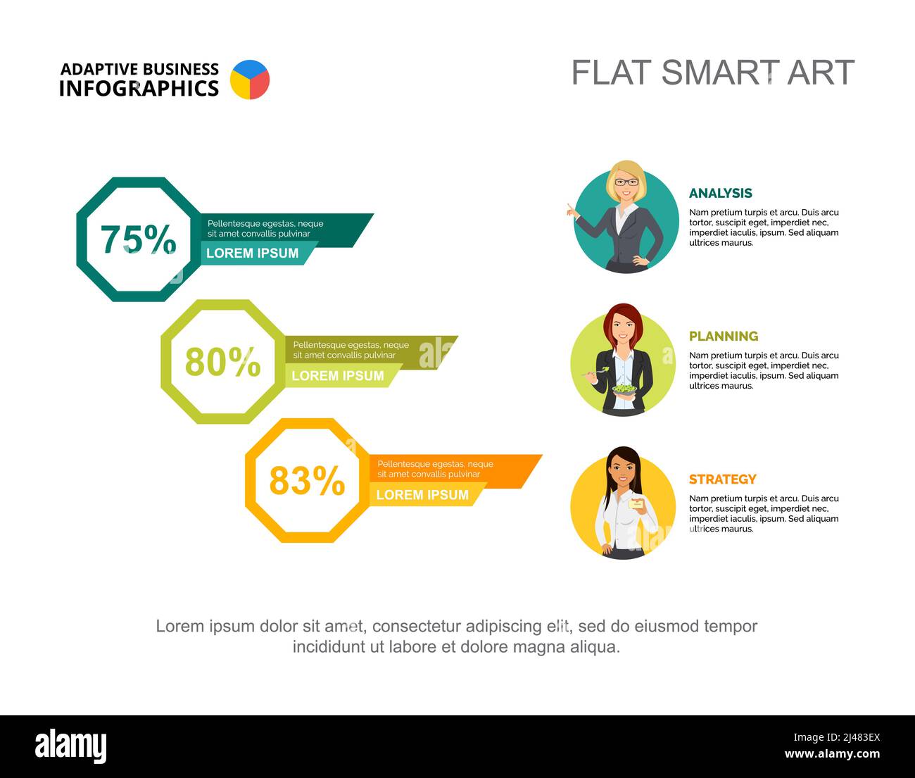 Three options percentage chart template for presentation. Business data ...