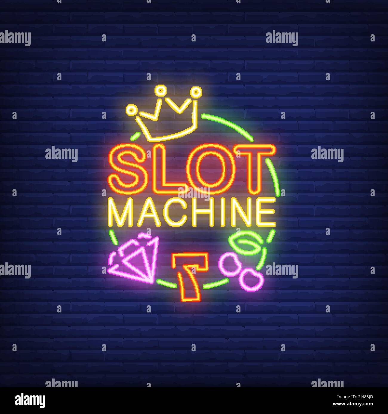 Slot machine neon sign. Number seven, diamond, crown, cherry and round ...