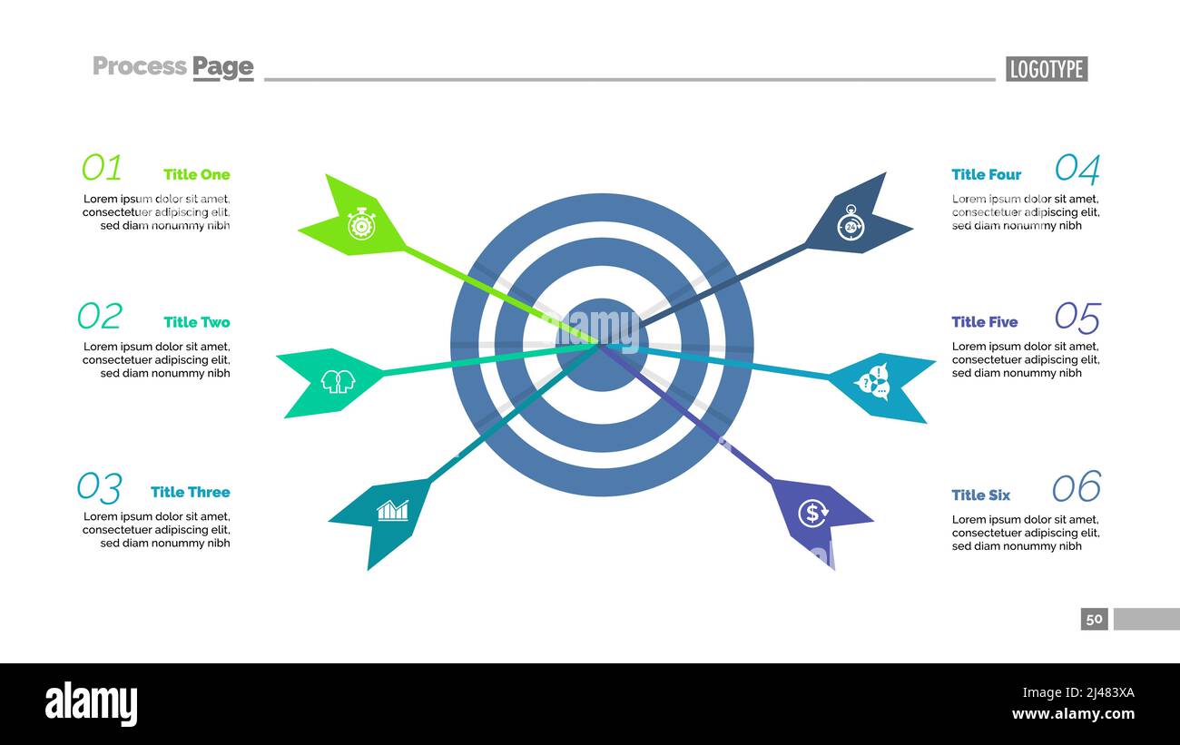 Six arrows hitting target process chart template. Business data ...