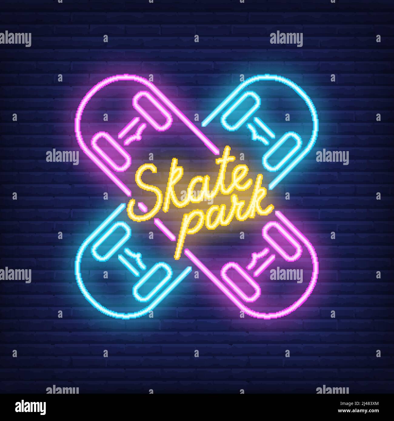 Skate park neon text on crossed skateboards. Neon sign, night bright ...