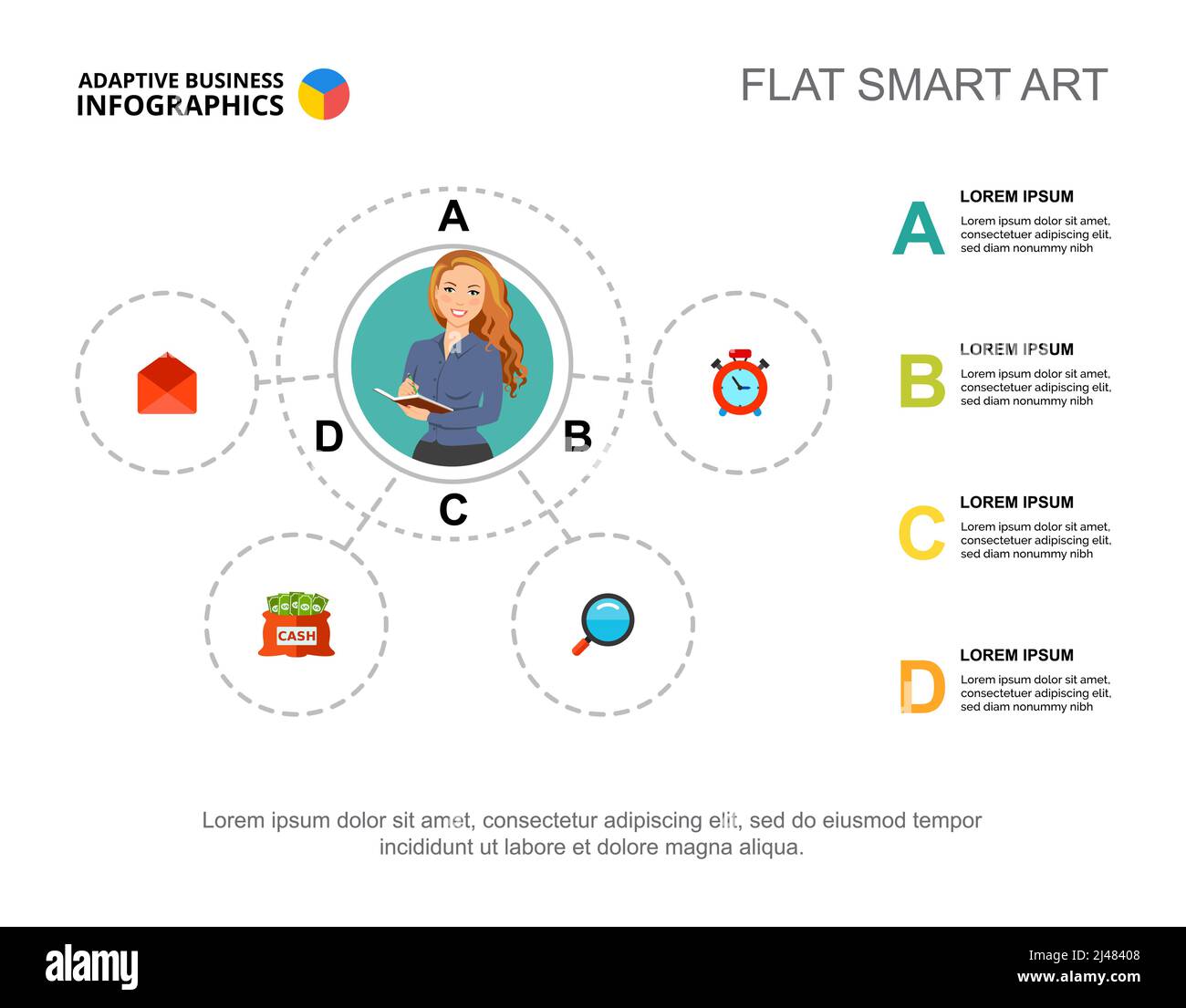 Four elements flowchart template for presentation. Business data ...