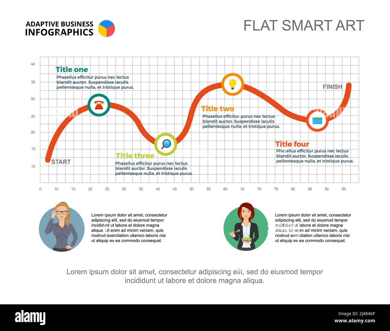 Business infographics with line chart and character icons. Editable ...