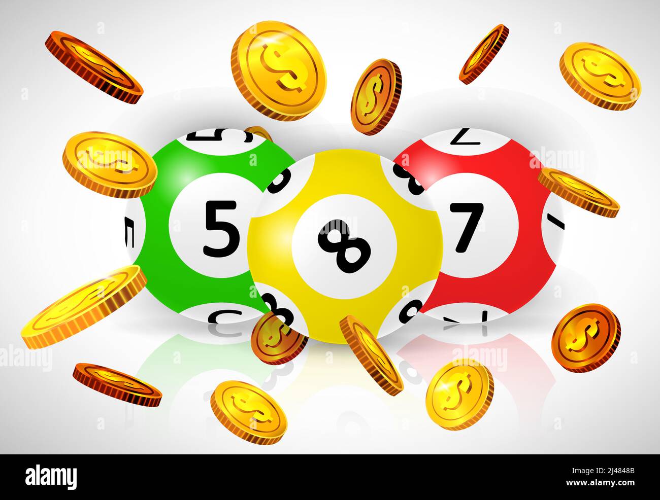 Three lottery balls and flying golden coins on white background ...