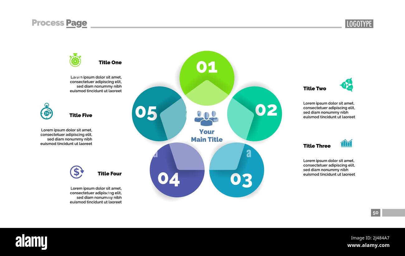 Five circle flowchart slide template. Business data. Graph, diagram ...