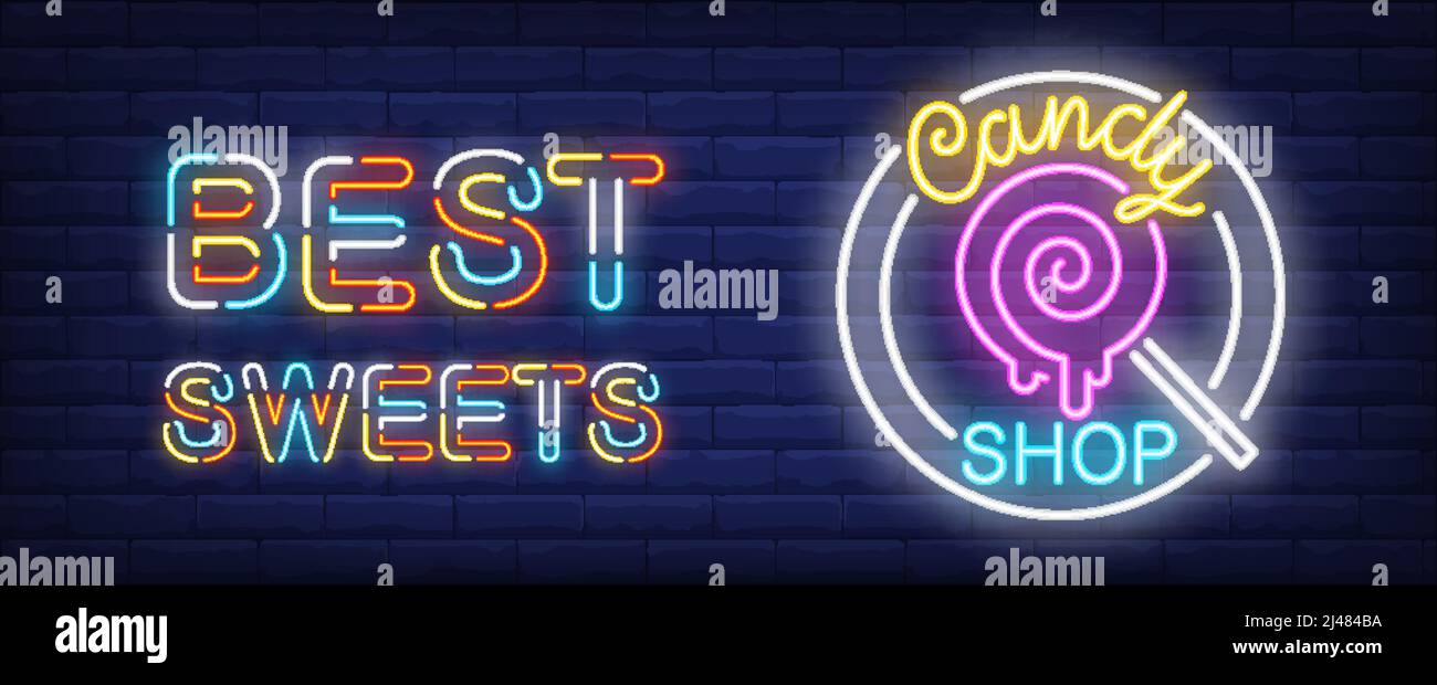 Candy shop neon sign. Lollipop and best sweets inscription on brick wall background. Night ...
