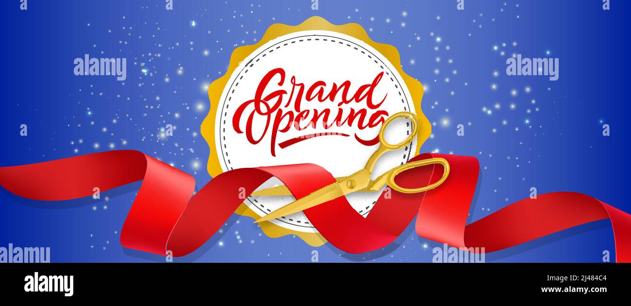 Grand opening blue sparkling banner design with text on white circle ...