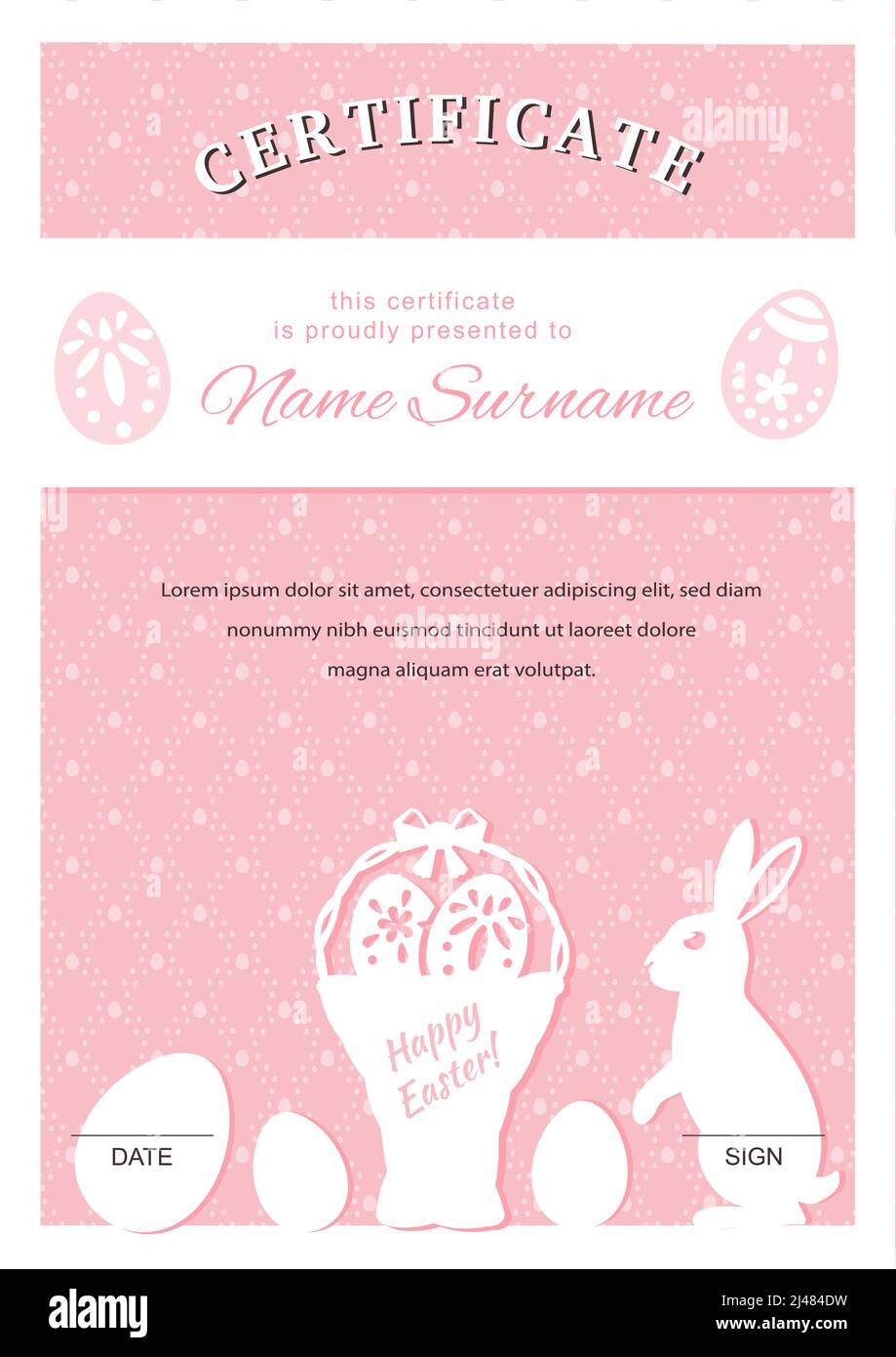Easter certificate. Bunny and Easter eggs on pink background. Easter ...