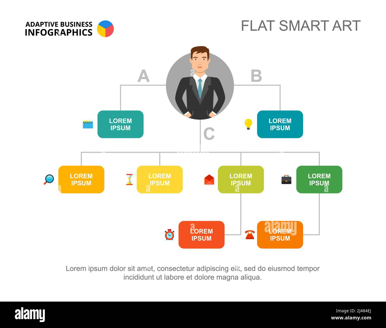 Presentation slide with hierarchy chart and character icons. Editable ...