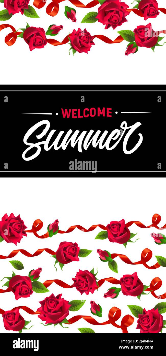 Welcome summer, vertical banner design with red ribbons and roses ...