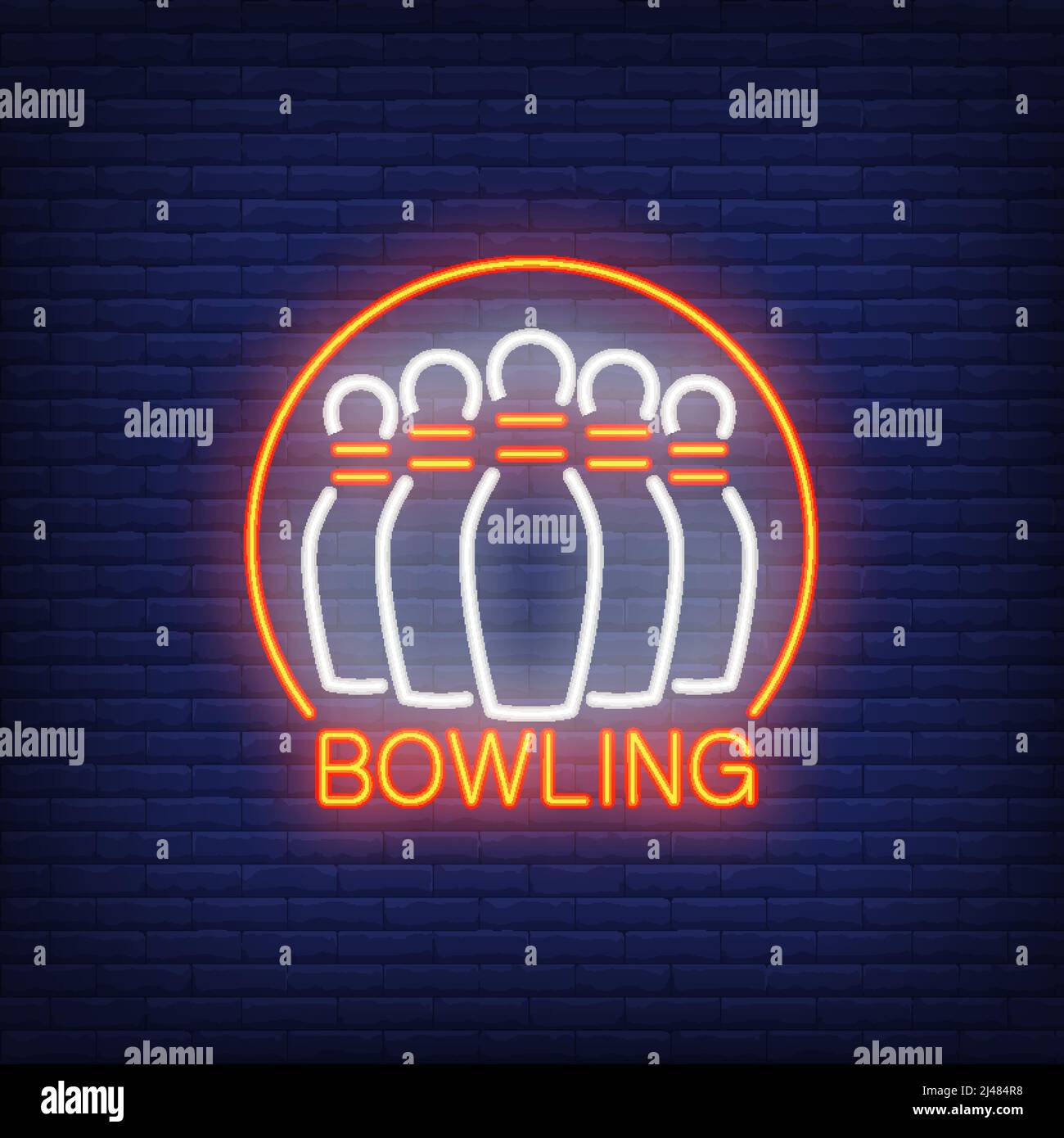 Bowling neon sign with skittles and round frame. Night bright ...