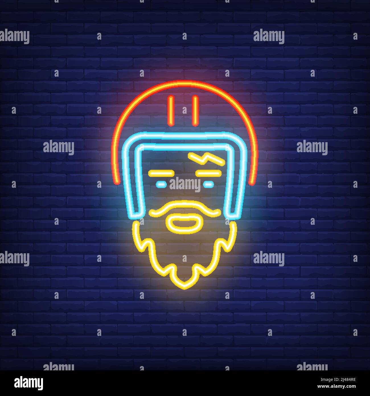 Bearded biker wearing helmet on brick background. Neon style ...