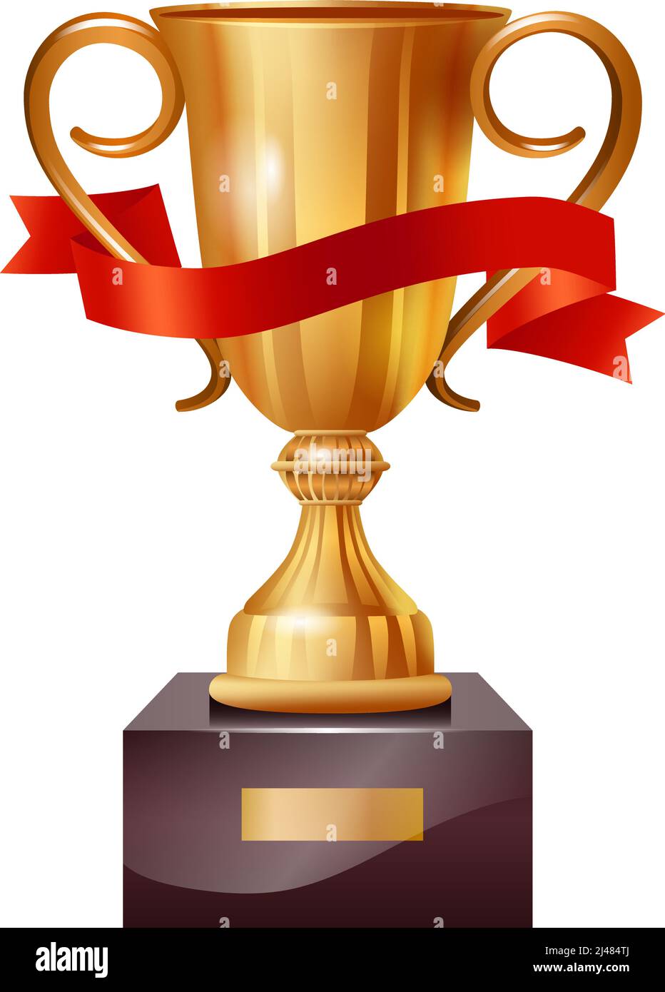 Realistic vector illustration of gold cup with red ribbon. Winner ...