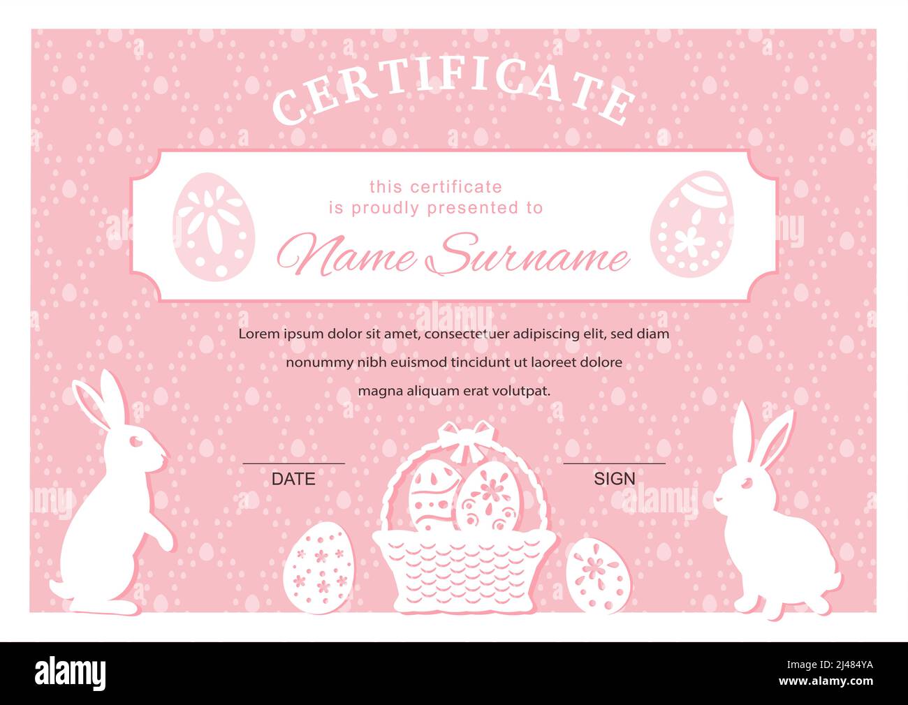 Easter certificate. Bunny and Easter eggs on pink background. Easter ...