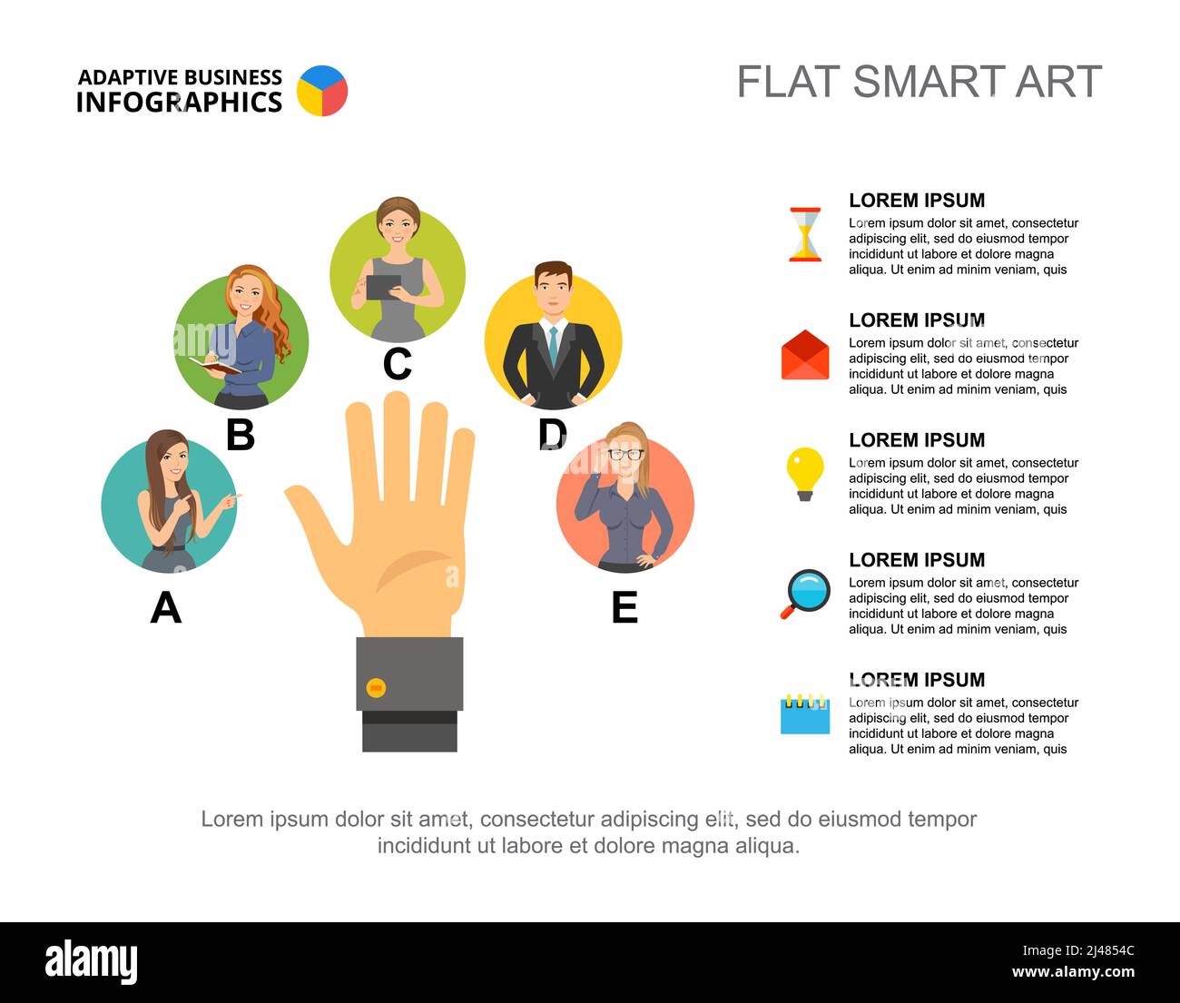 Five managers company process chart template. Business data. Abstract ...
