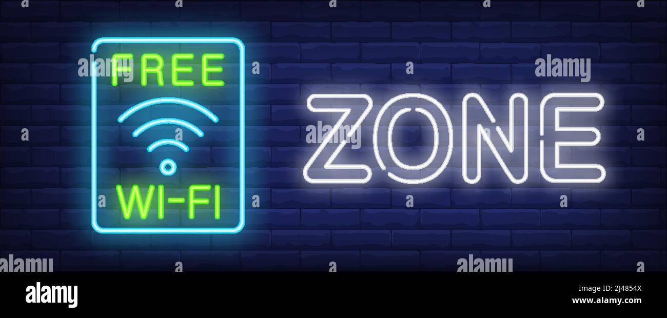 Free wi-fi zone neon sign. Wireless wav symbol in blue frame on dark ...