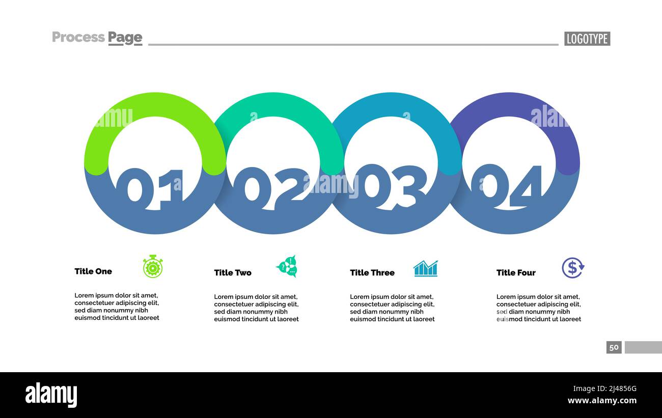 Four circle flowchart with description slide template. Business data ...