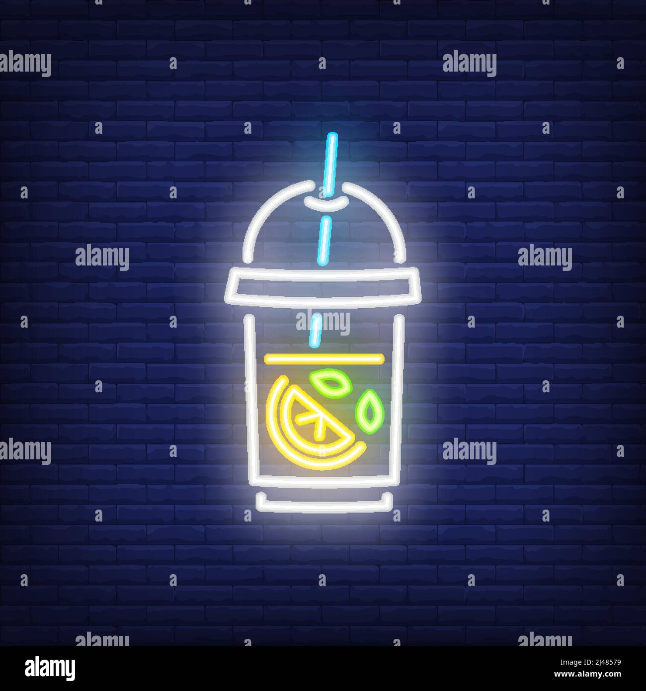 Lemonade neon sign. Glass of iced tea with lemon on dark brick wall ...