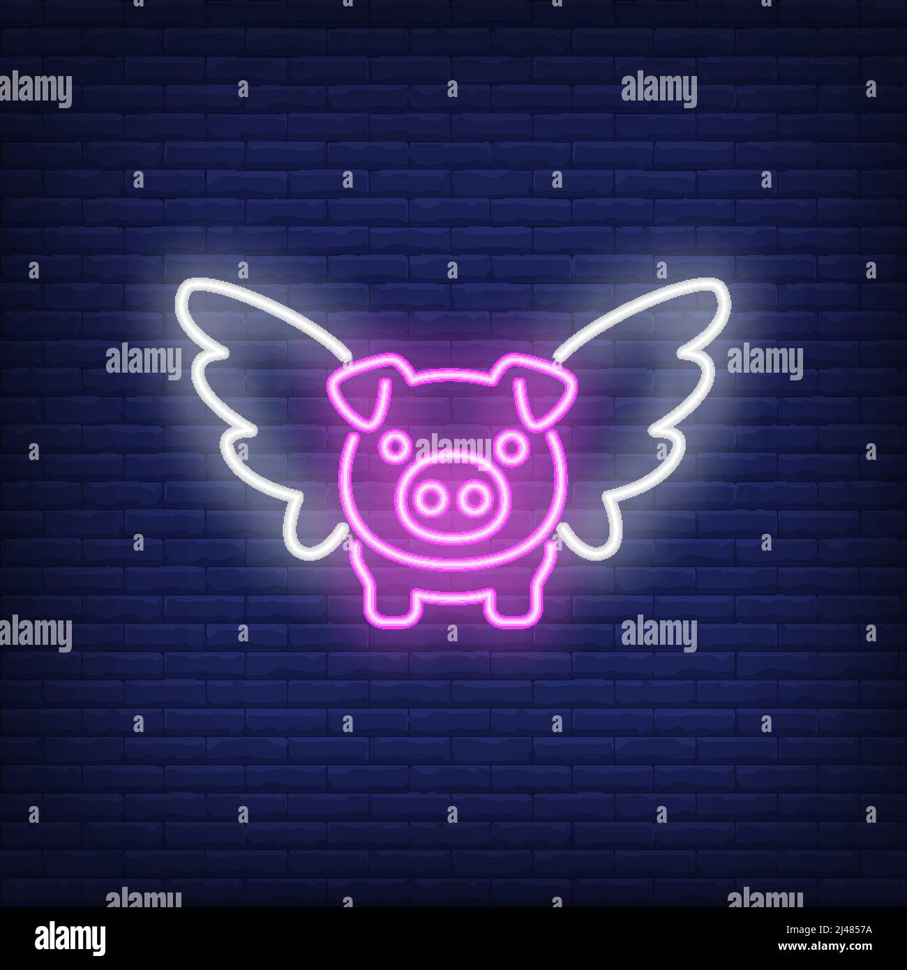Flying pig cartoon character. Neon sign element. Night bright ...