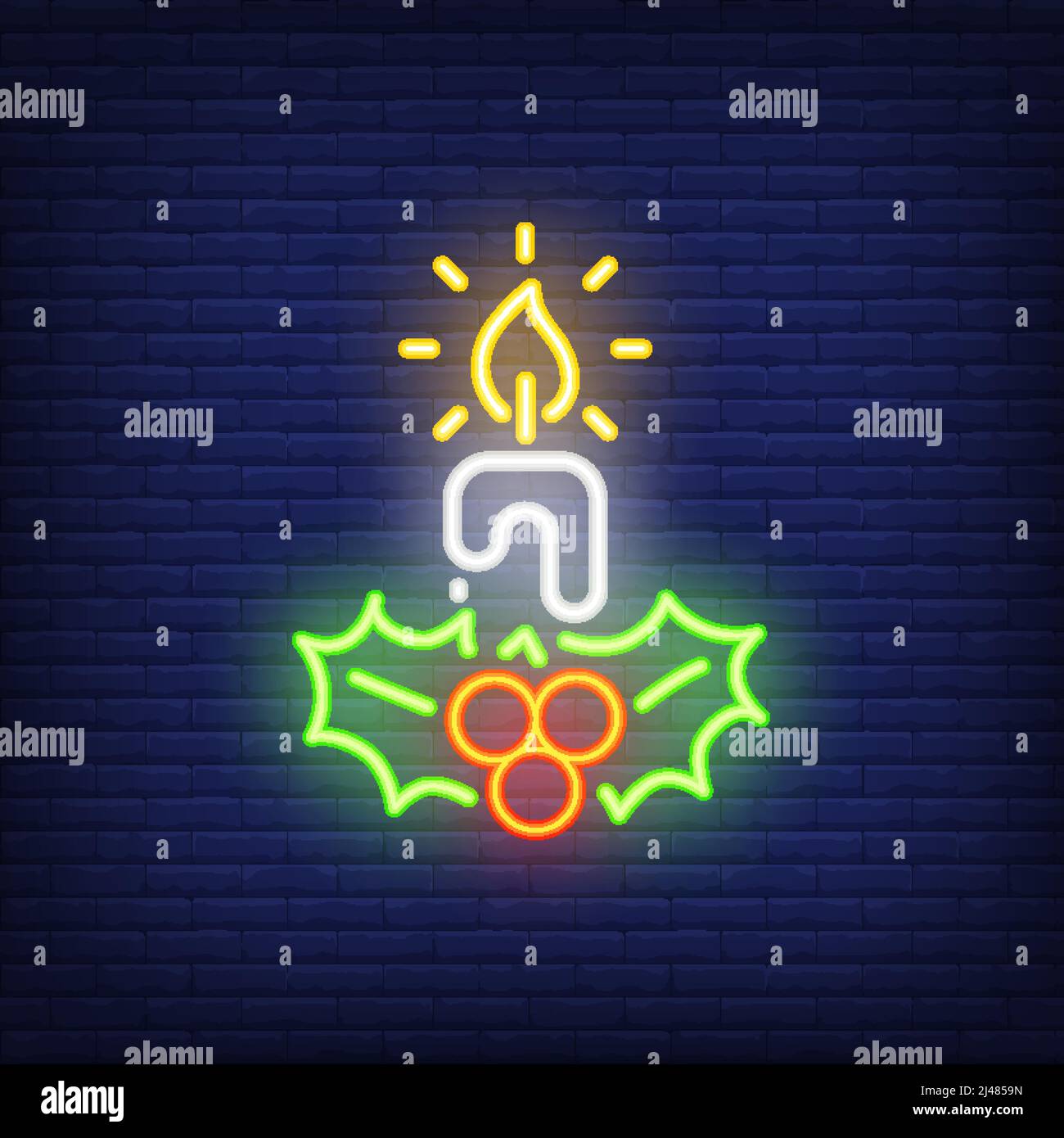 Neon candle and mistletoes. Festive design element. Christmas concept ...