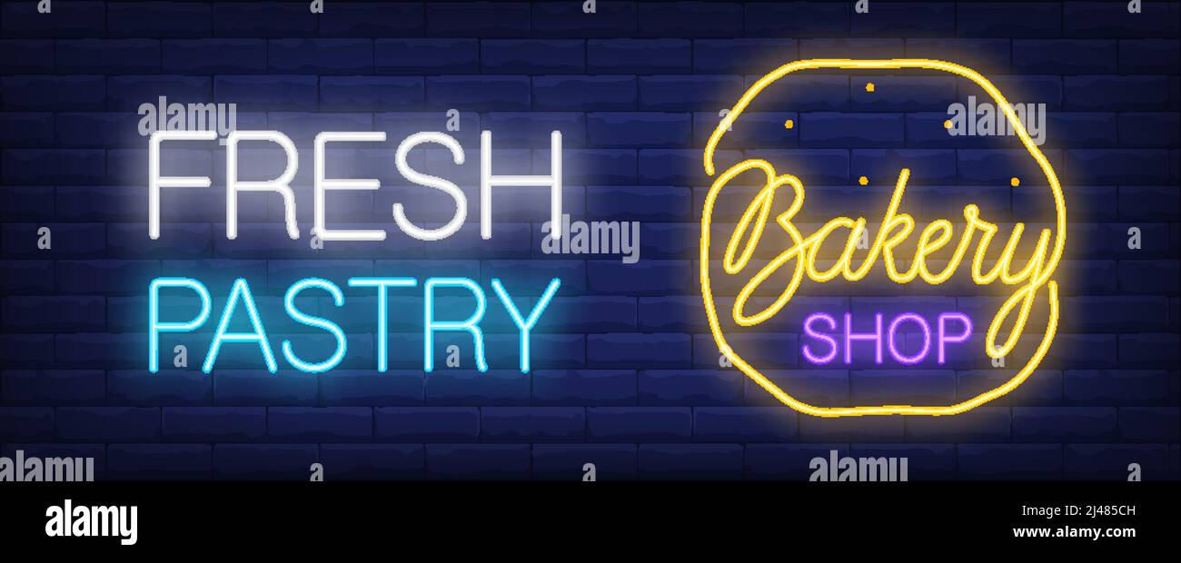 Bakery shop neon sign. Fresh pastry glowing inscription and cookie on ...
