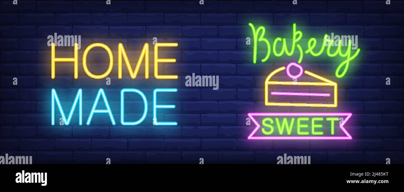 Homemade bakery neon sign. Sweet cake and luminous inscription on brick ...