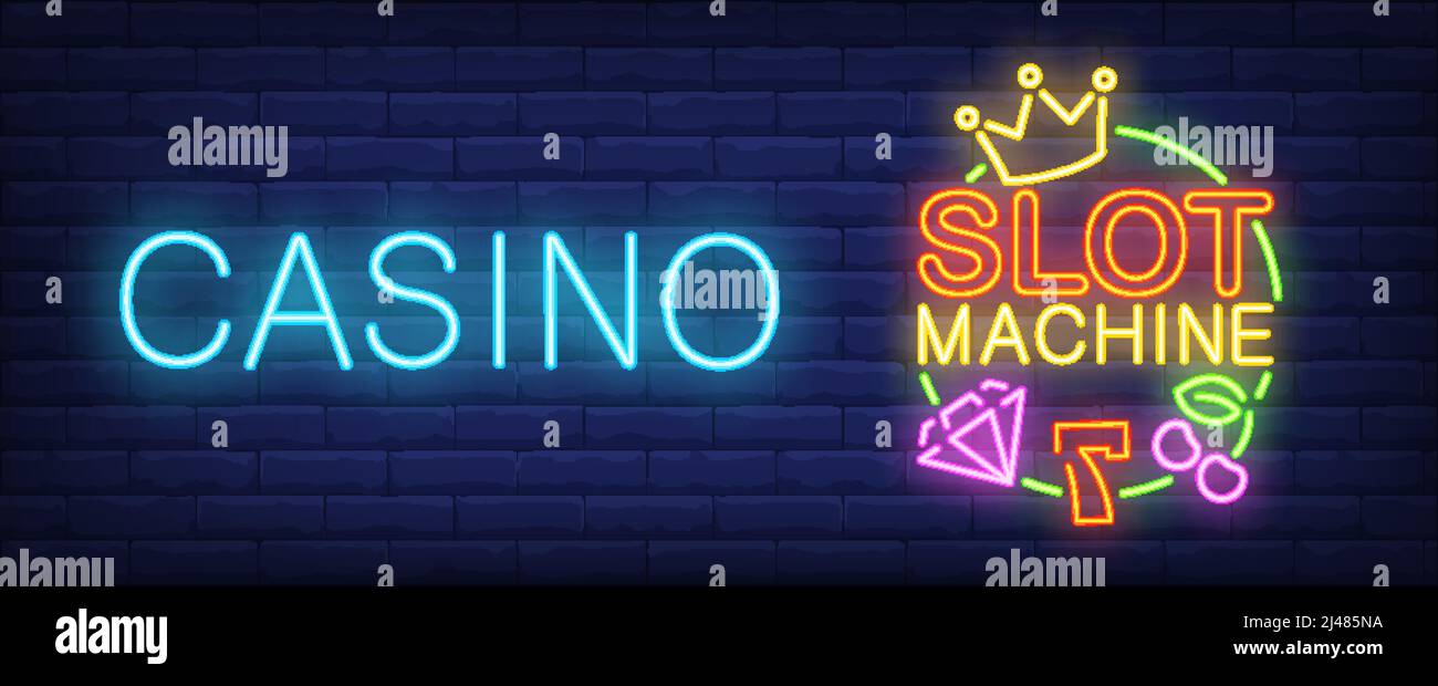 Slot machine neon sign. Number seven, diamond, crown and cherry on ...