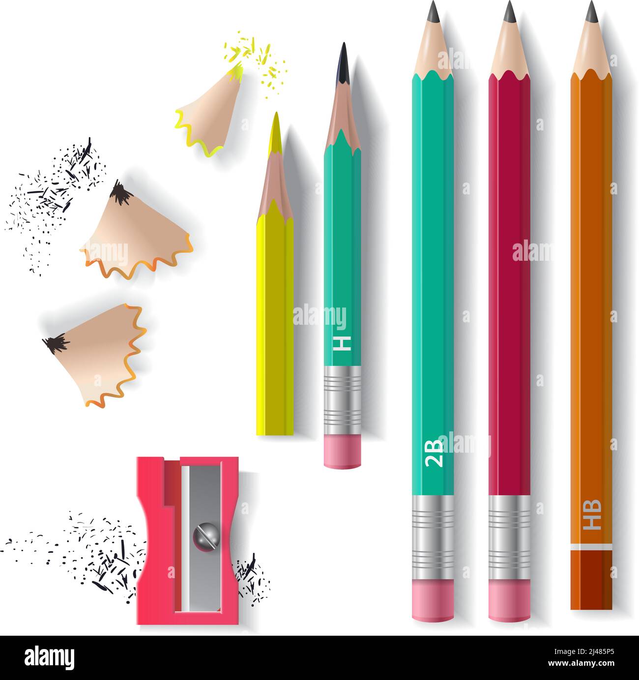 Graphite pencils set, sharpener and sharpening shavings. Design element ...