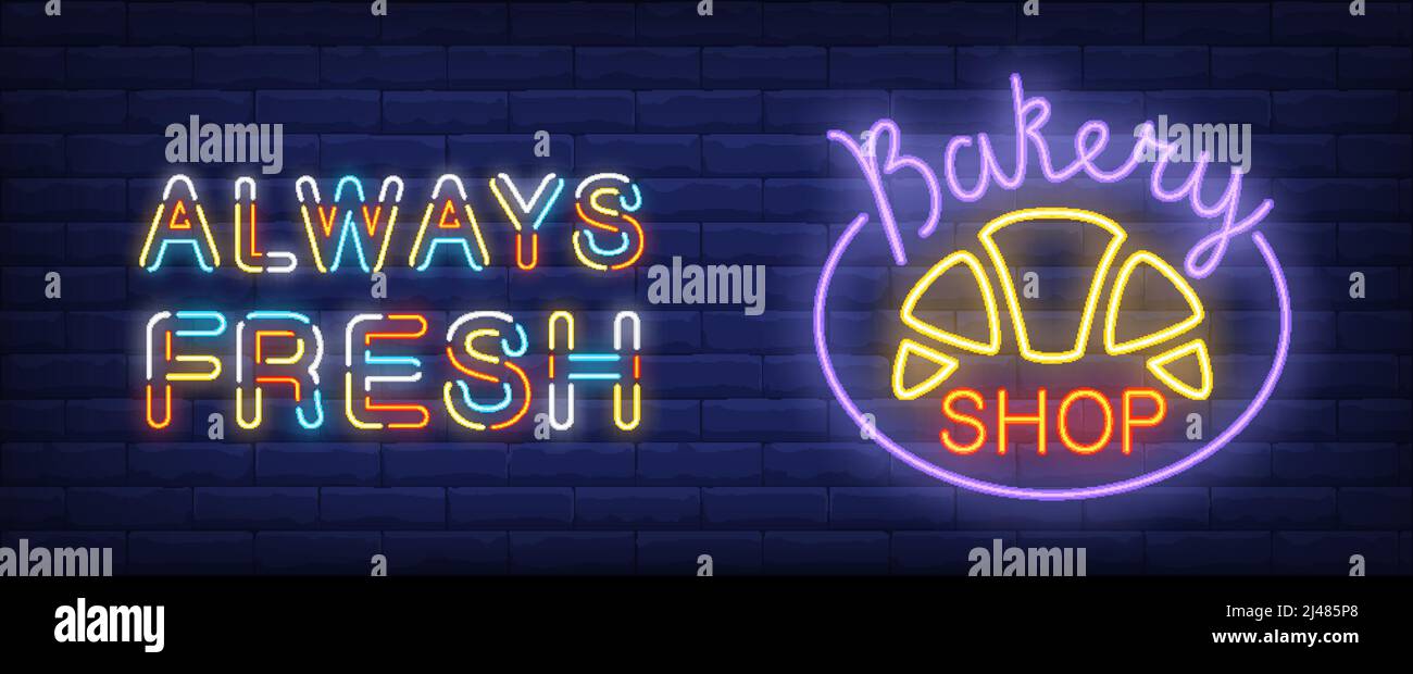 Fresh bakery neon sign. Croissant and multicolored inscription on brick ...