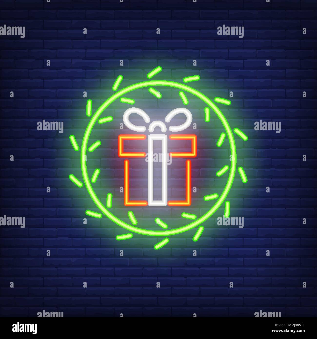 Neon gifts in fur wreath. Night bright advertisement element. Vector ...