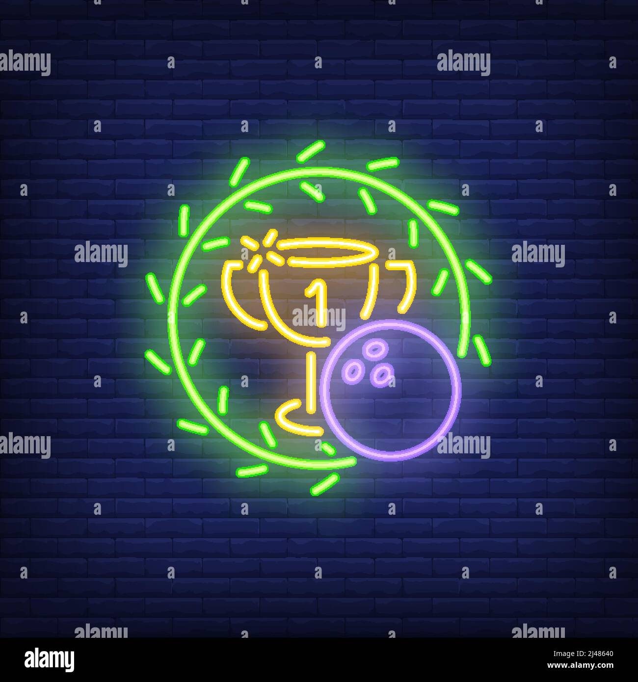 Bowling tournament. Neon sign with ball, cup and green wreath. Night ...