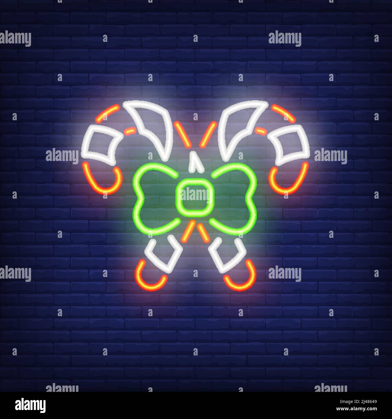 Neon crossed candy canes with bow. Festive sign element. Night bright ...