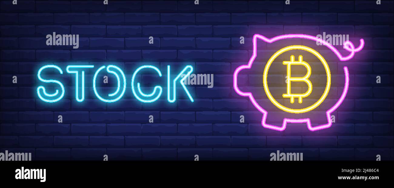 Stock vector illustration in neon style. Text, pink piggy bank with ...