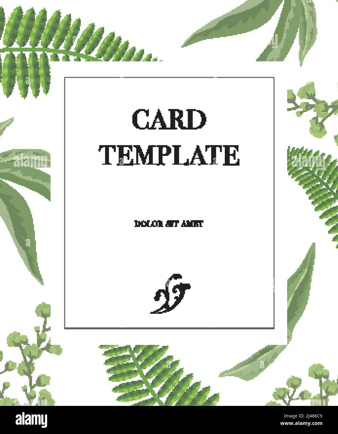 Card template design with frame and greenery pattern on white ...