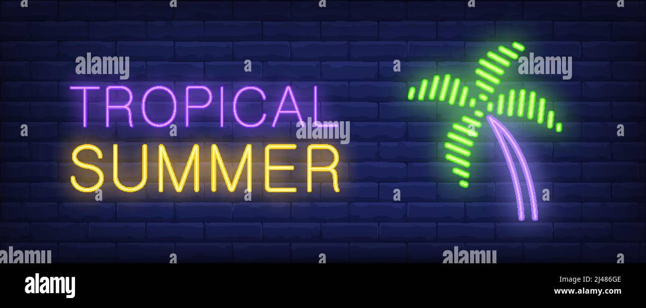 Tropical summer neon style lettering. Palm on brick background. Bright ...
