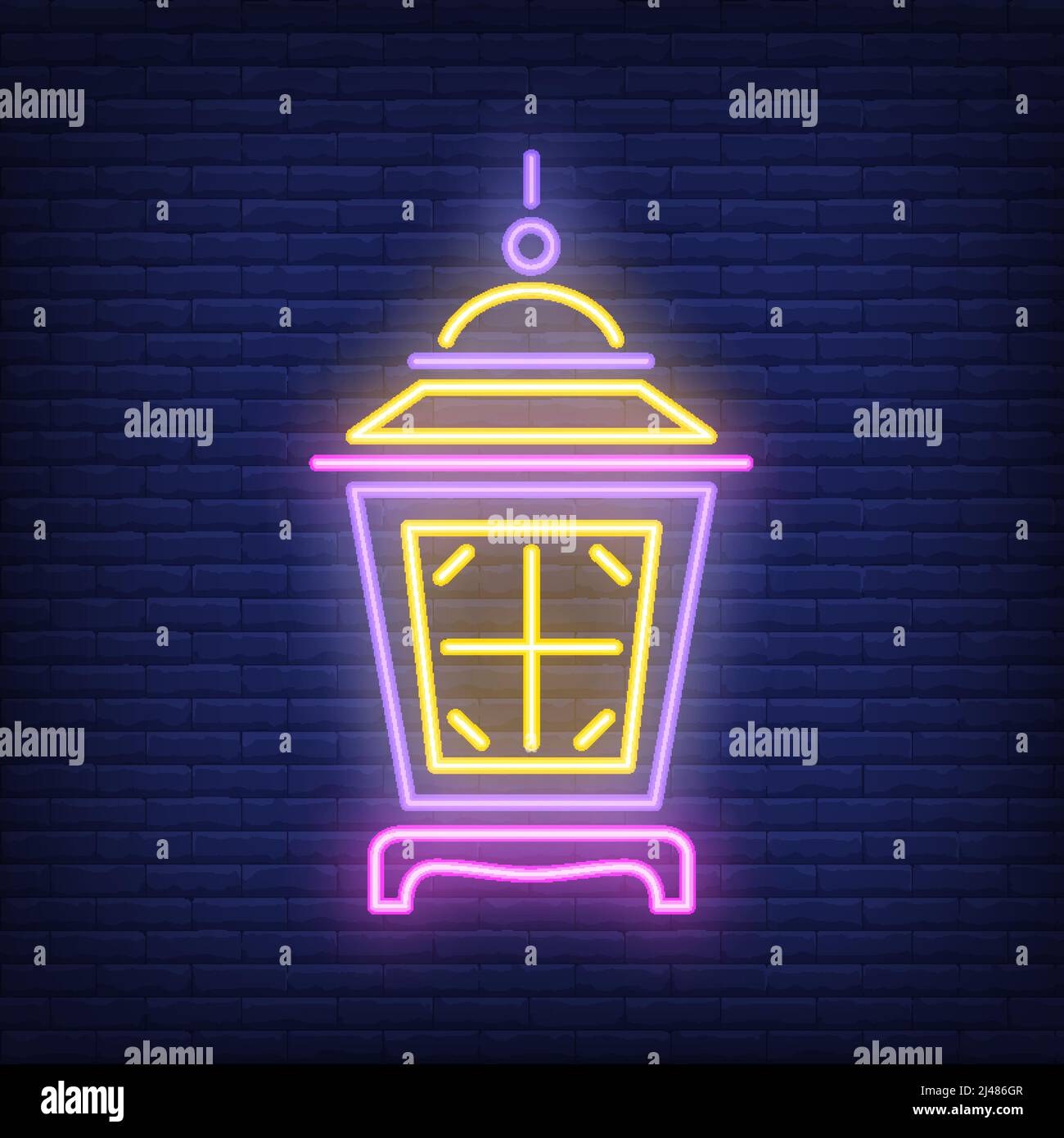 Lit up lamp neon sign. Bright garden lantern on dark brick wall ...