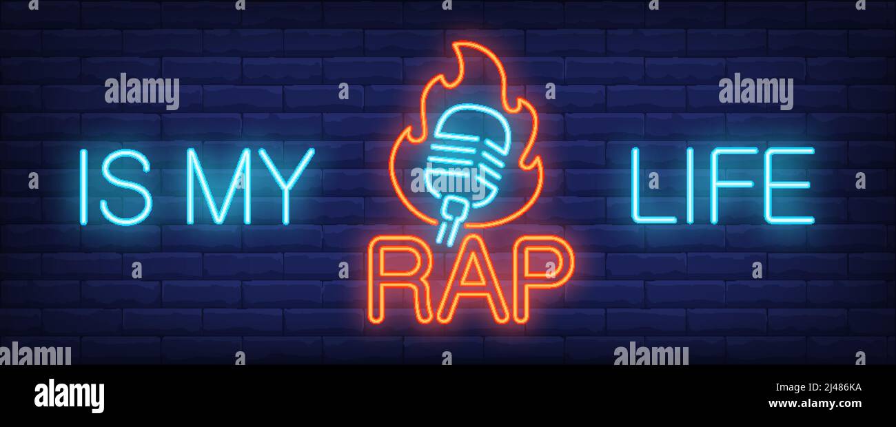 My rap life neon sign. Signboard with inscription and microphone on ...