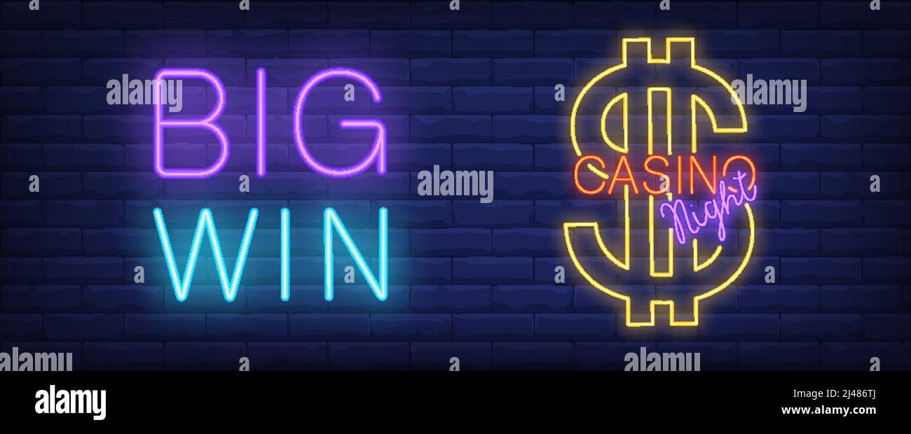 Casino night neon sign. Dollar sign and big win inscription on brick ...