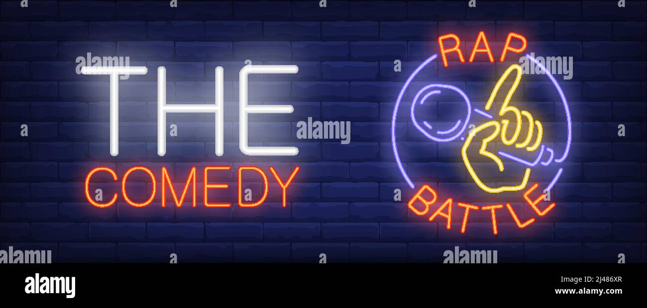 Comedy rap battle neon sign. Hand with microphone in circle on brick ...