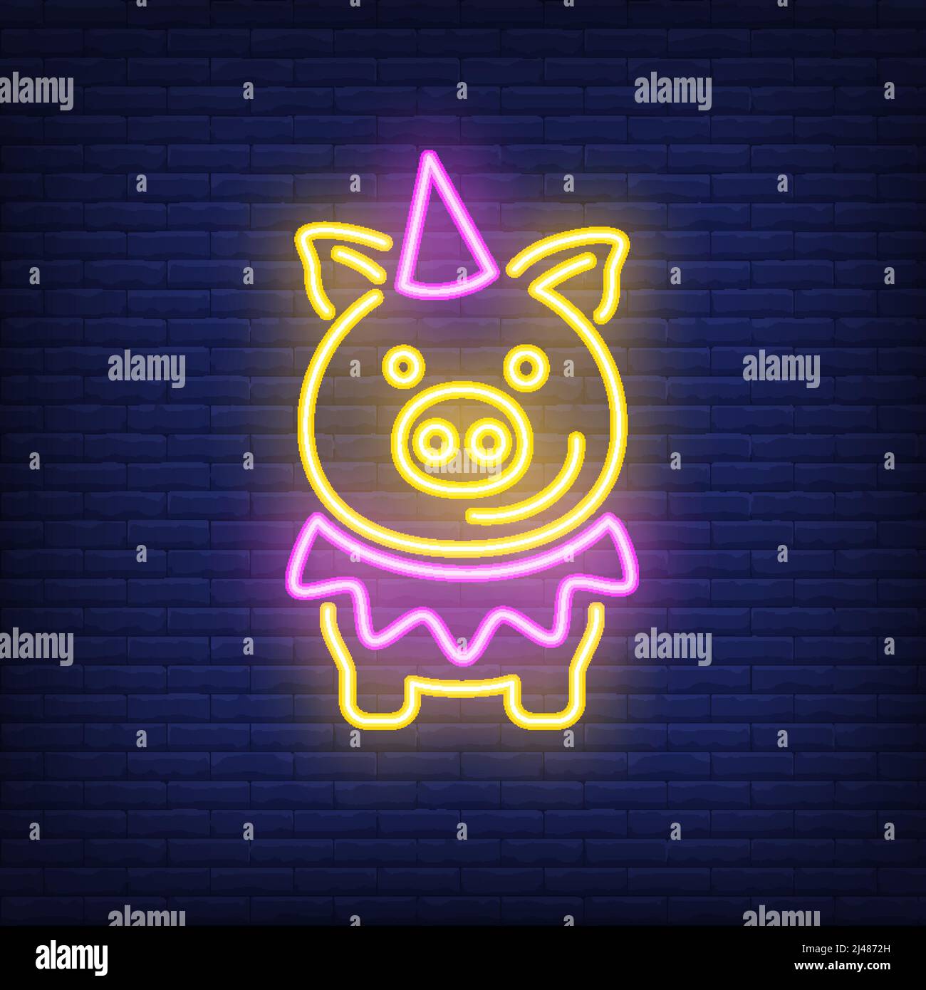 Festive cartoon pig in birthday hat. Neon sign element. Night bright ...