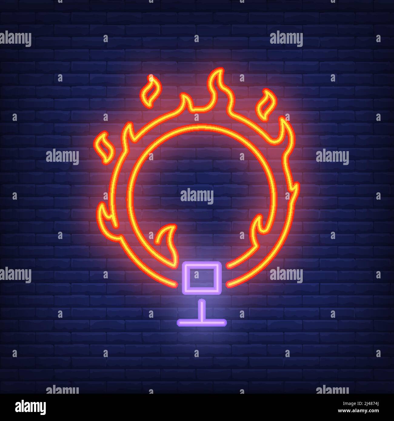 Ring on fire neon icon. Circus flaming hoop on dark brick wall ...