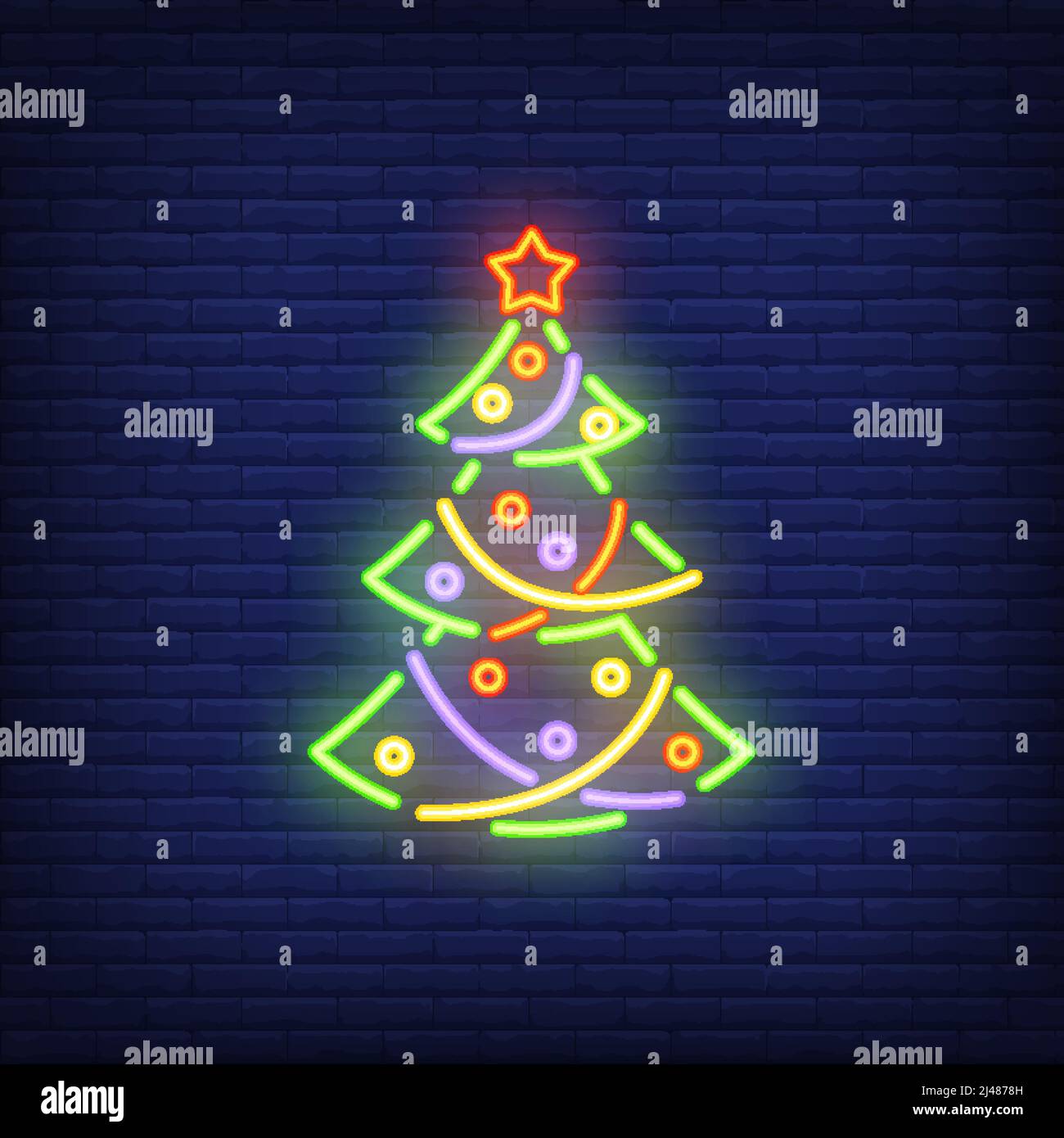 Neon Christmas tree with ornaments. Festive design element. Celebration ...