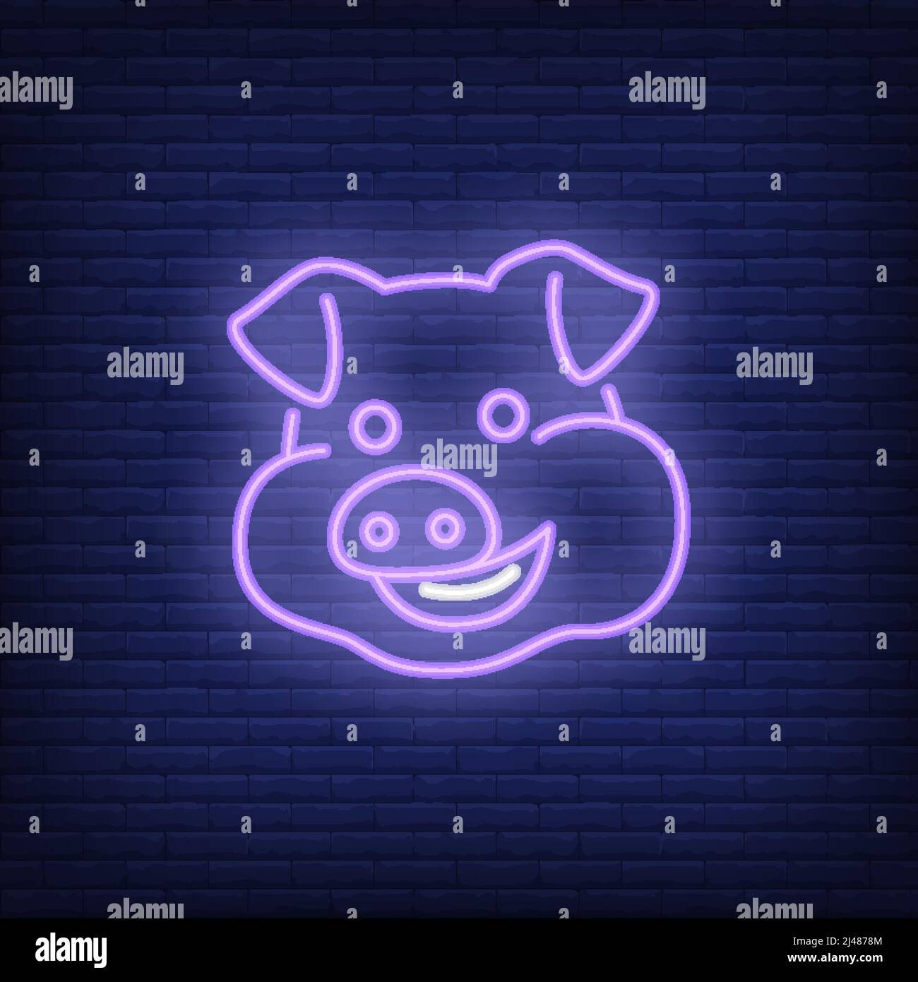 Smiling pig cartoon character. Neon sign element. Night bright ...
