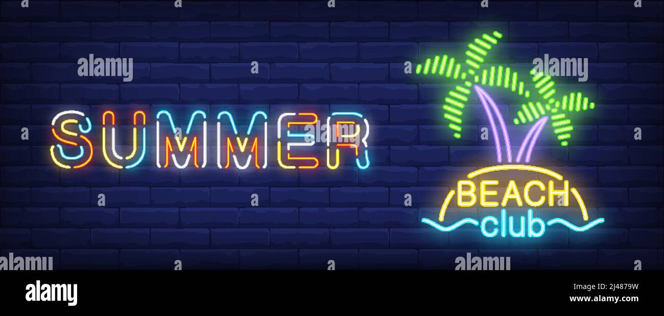 Summer beach club neon sign. Tropical island with palms and sea. Vector ...